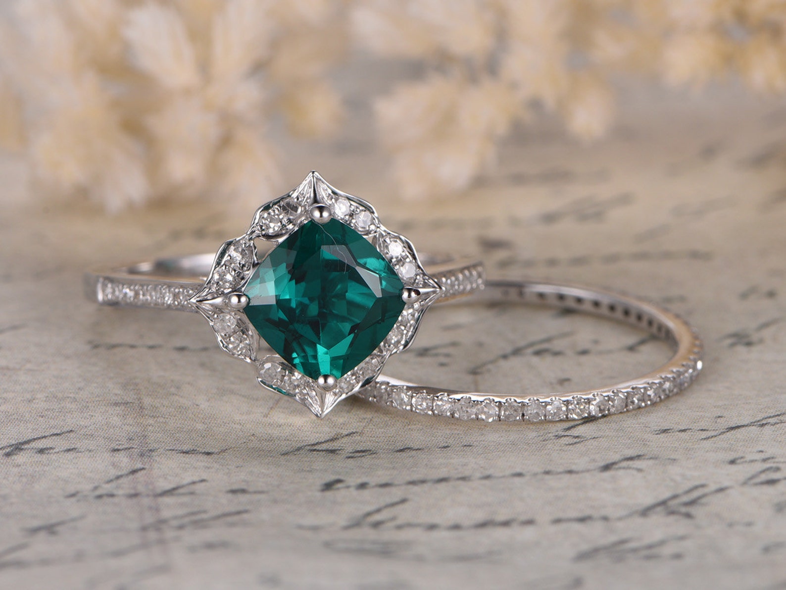 Emerald Engagement Ring Set Cushion Cut Emerald Ring Set Full - Etsy