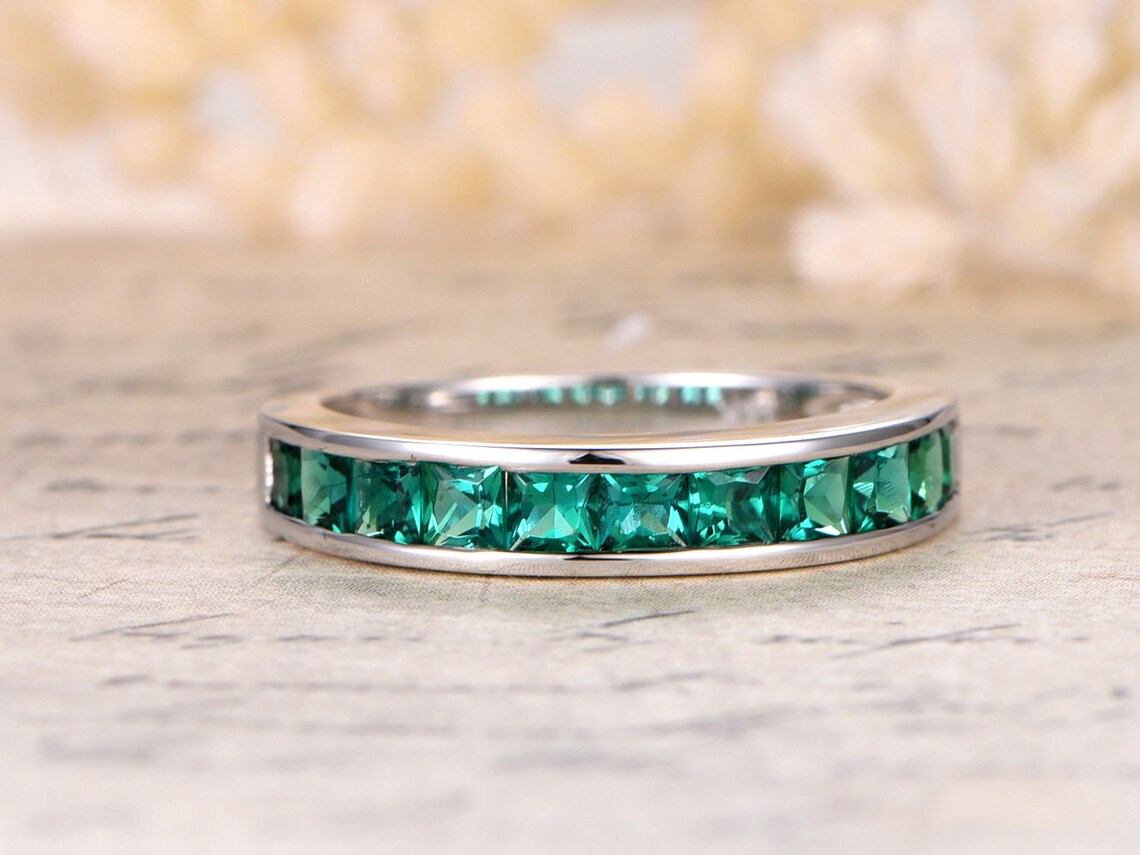 Emerald Engagement Ring Princess Cut Ring 14K White Gold - Etsy