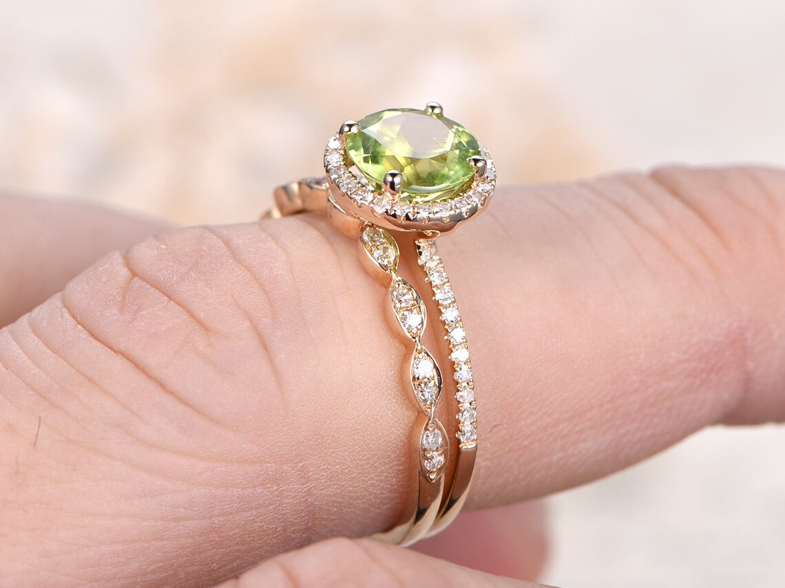 Peridot Engagement Ring Set 7mm Round Cut Peridot Bridal Sets | Etsy