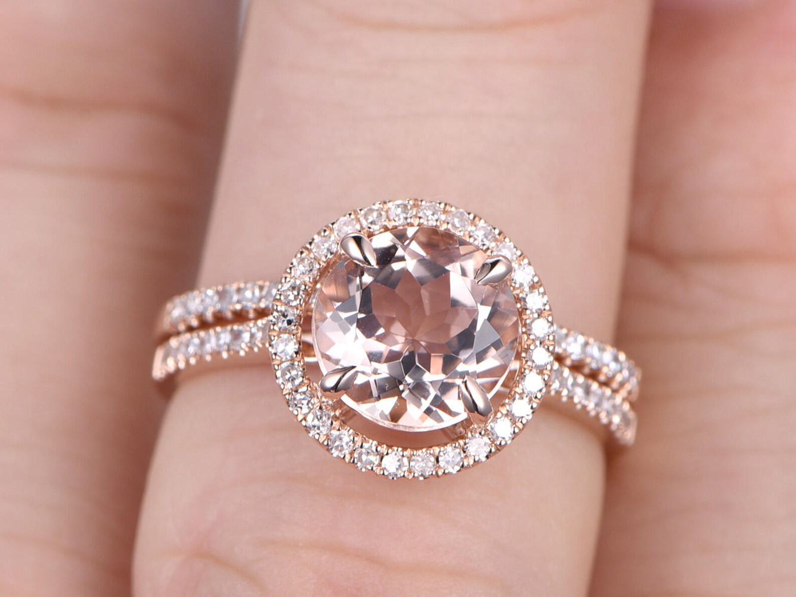 8mm Morganite Engagement Ring Rose Gold 2pcs Rings Set Curved - Etsy