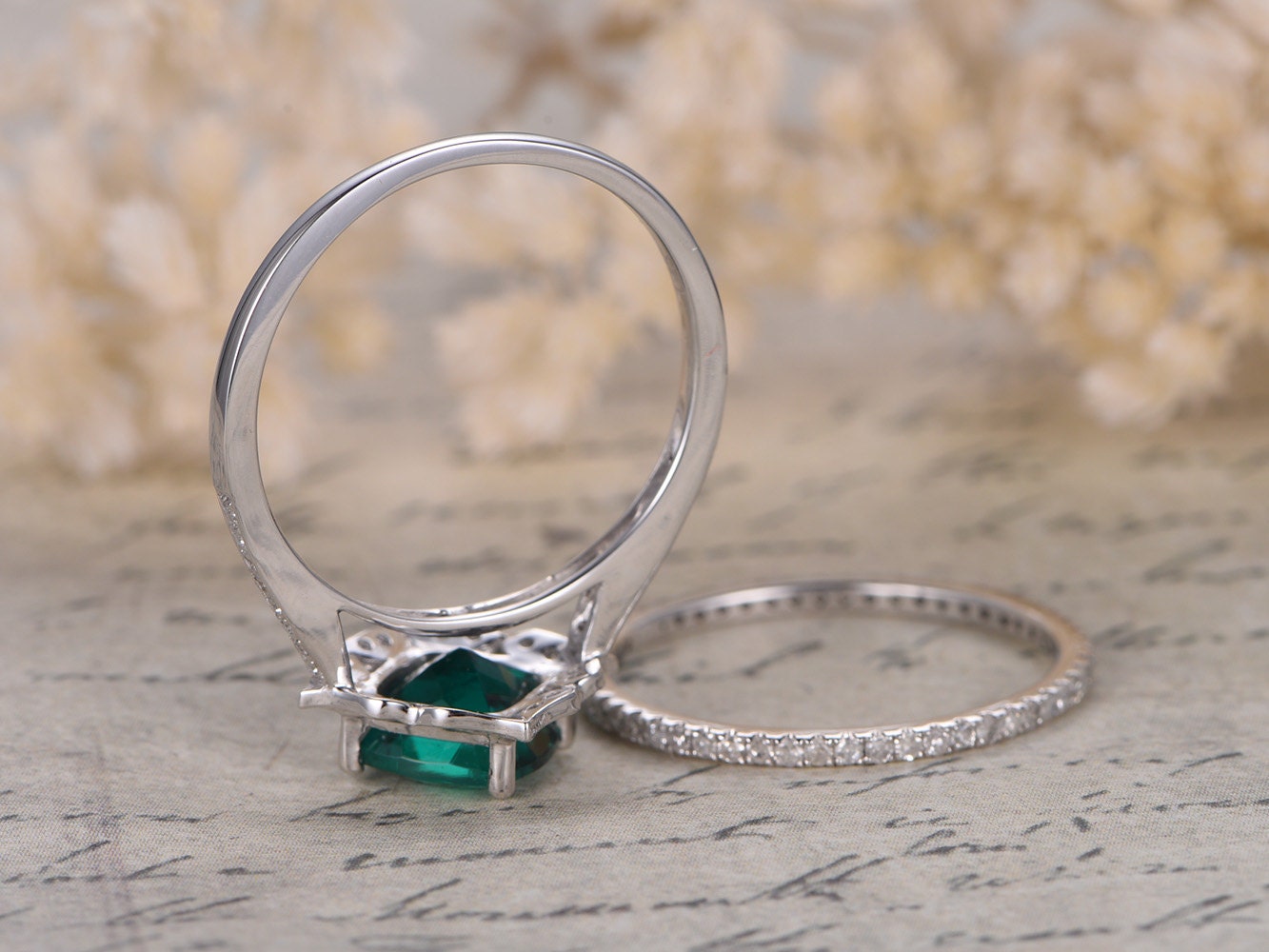 Emerald Engagement Ring Set Cushion Cut Emerald Ring Set Full | Etsy