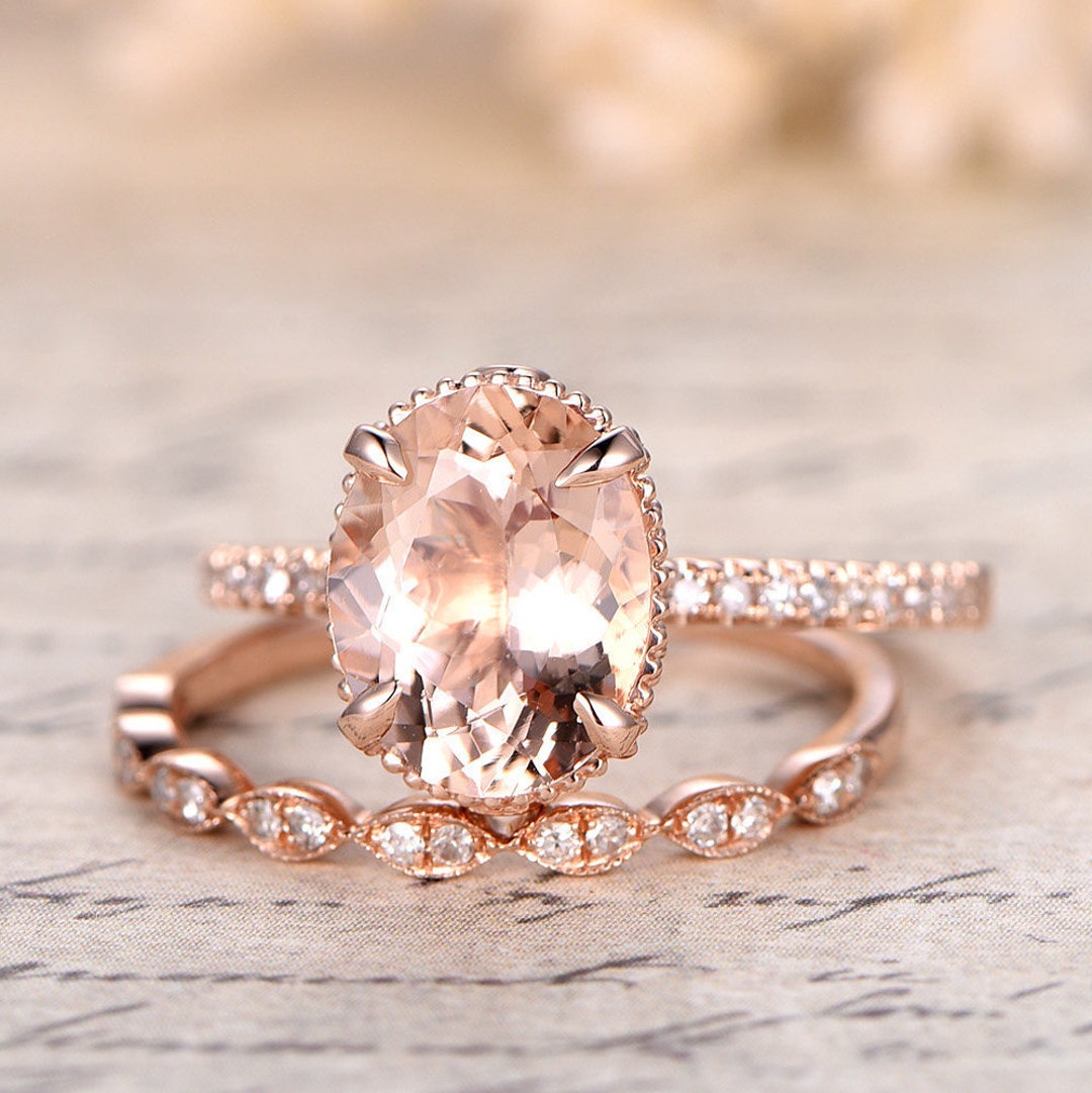 3.5ct Morganite Engagement Ring Rose Gold 2pcs Wedding Rings,14k Rose ...