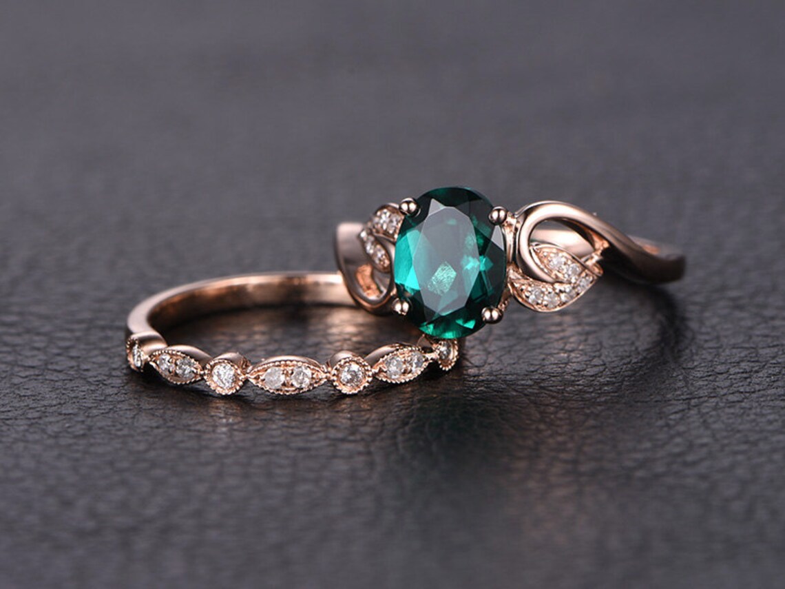 Emerald Engagement Ring Set Oval Cut Emerald Ring Set and | Etsy