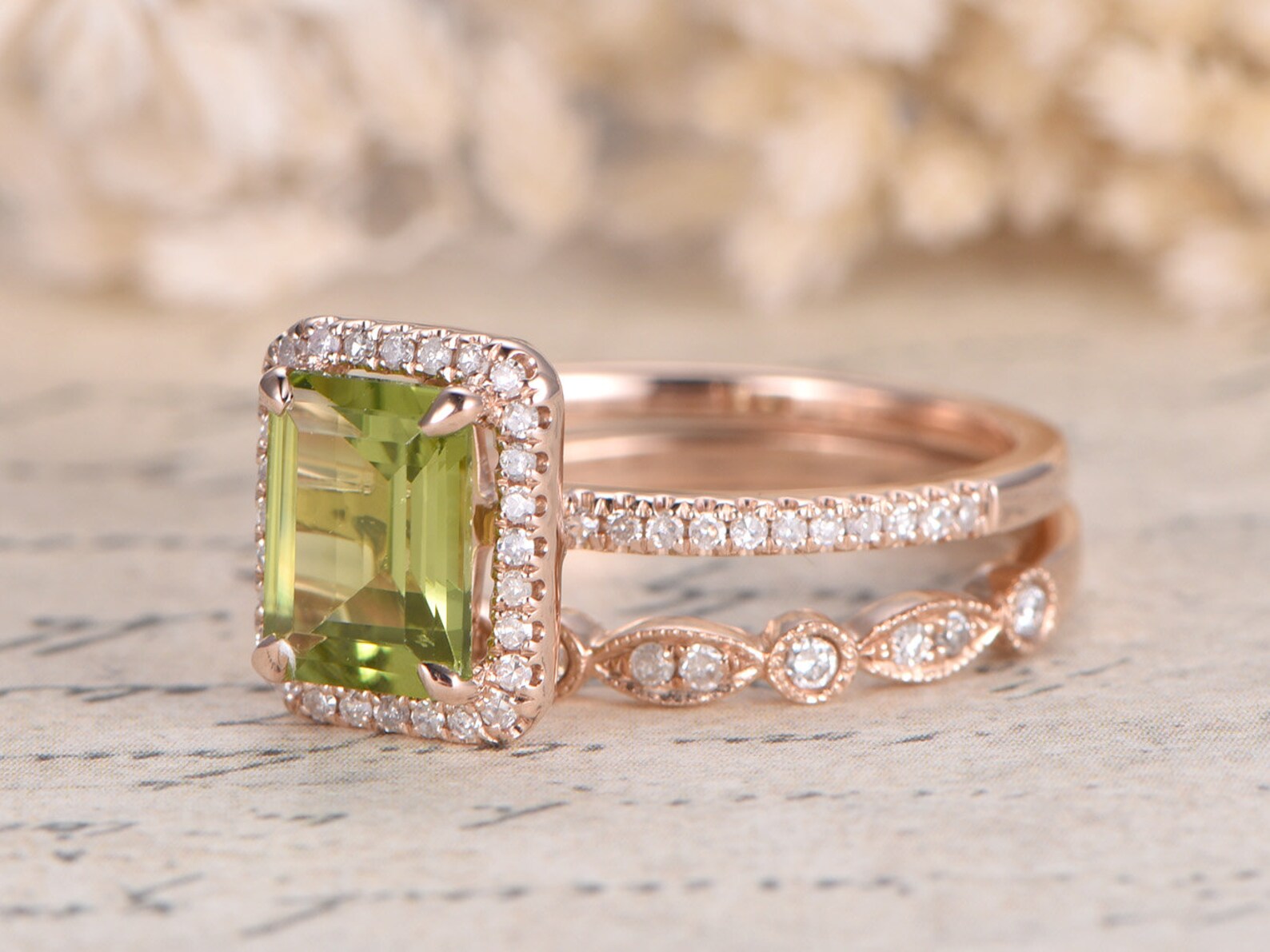 6x8mm Emerald Cut Ring Peridot Engagement Ring Set 14K Rose - Etsy