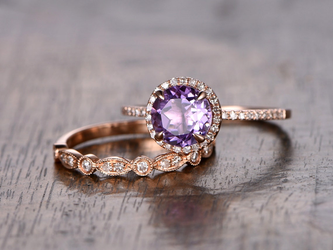 Amethyst Wedding Ring Set Diamonds Wedding Band 14K Rose Gold - Etsy