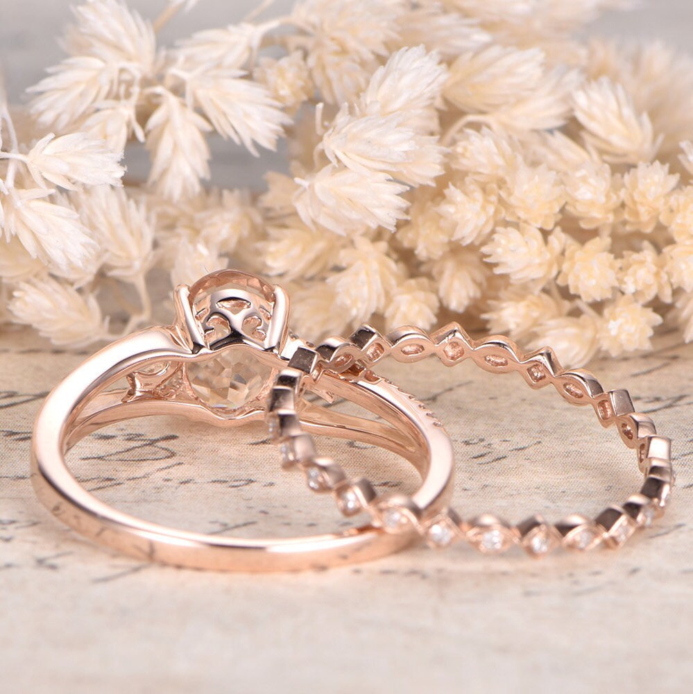 Morganite Engagement Ring Set 14K Rose Gold Diamond Wedding - Etsy