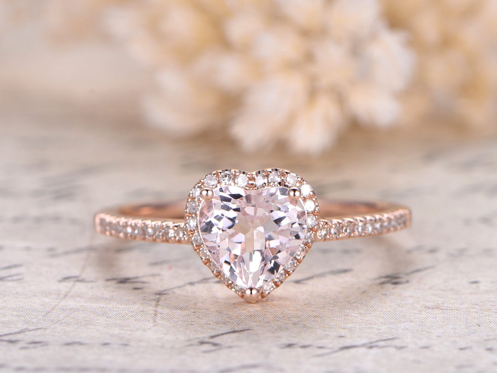Morganite Ring 14K Rose Gold Bridal Ring SI Diamond Wedding Band 6mm ...