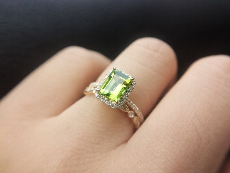 6x8mm Emerald Cut Ring Peridot Engagement Ring Set 14K Rose - Etsy