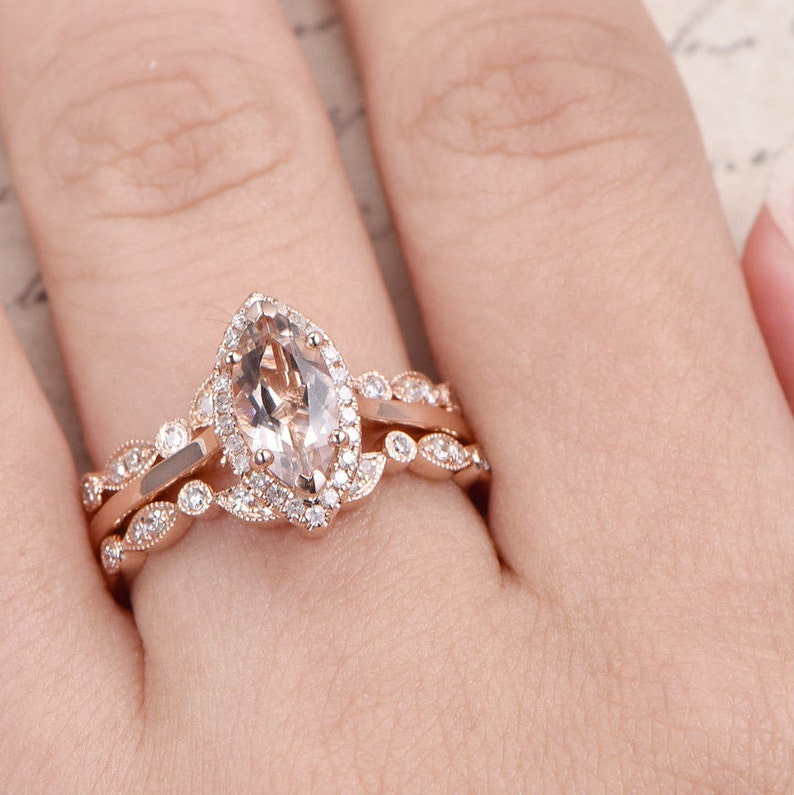 1ct Morganite Ring Ring Set Marquise Cut Morganite Engagement - Etsy