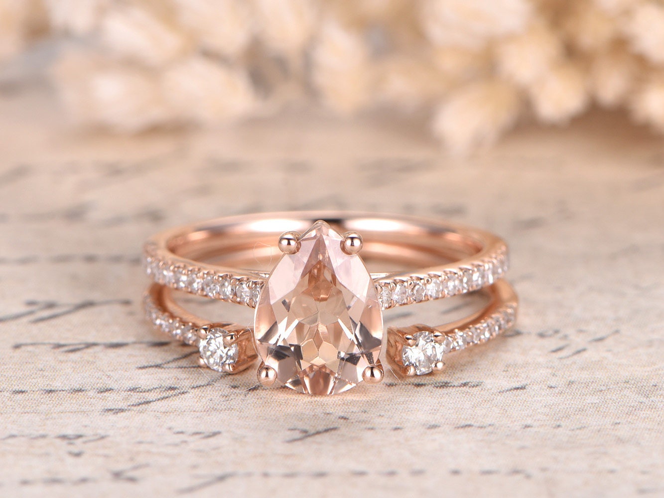 6x8mm Pear Cut Pink Morganite Ring Set 14K Rose Gold Morganite | Etsy