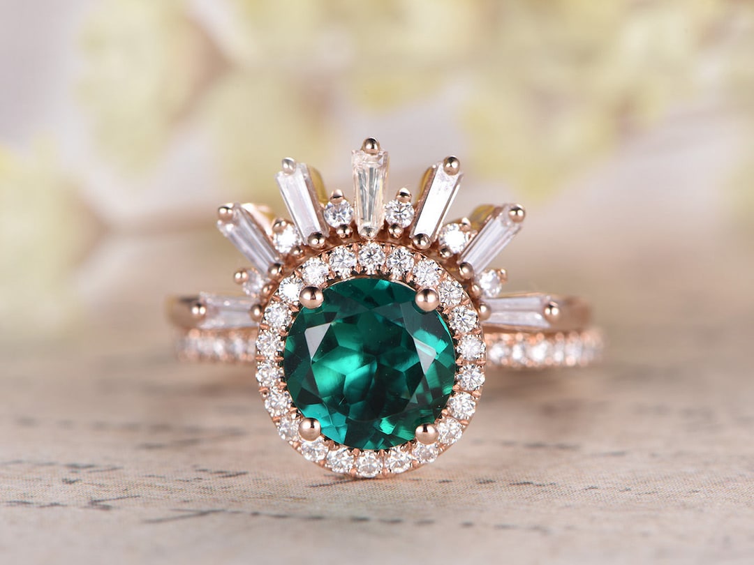 Emerald Engagement Ring Set 7mm Round Emerald Ring Vintagecrown Diamond ...