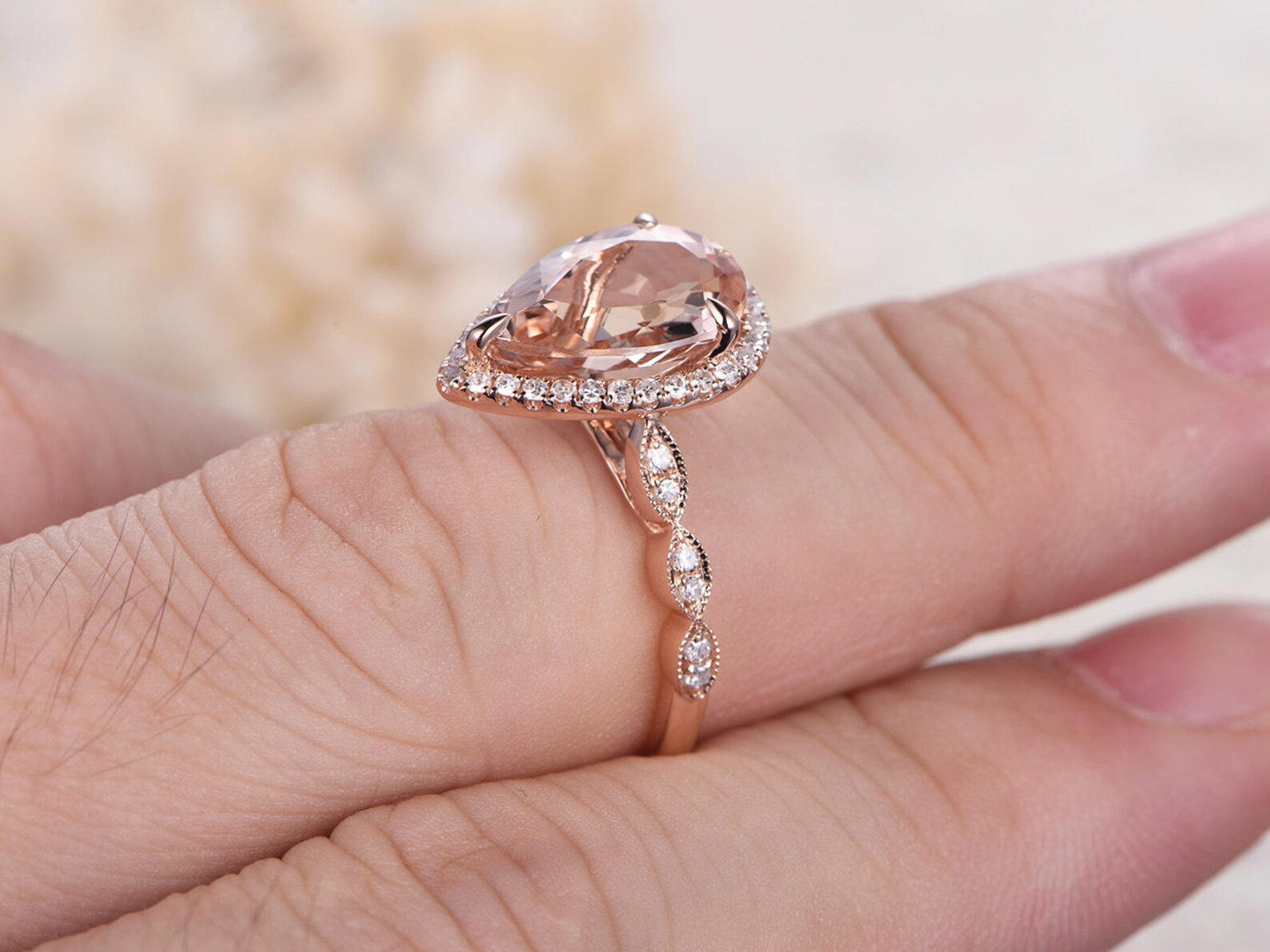 Pear Cut Morganite Engagement Ring Antique Art Deco Wedding - Etsy