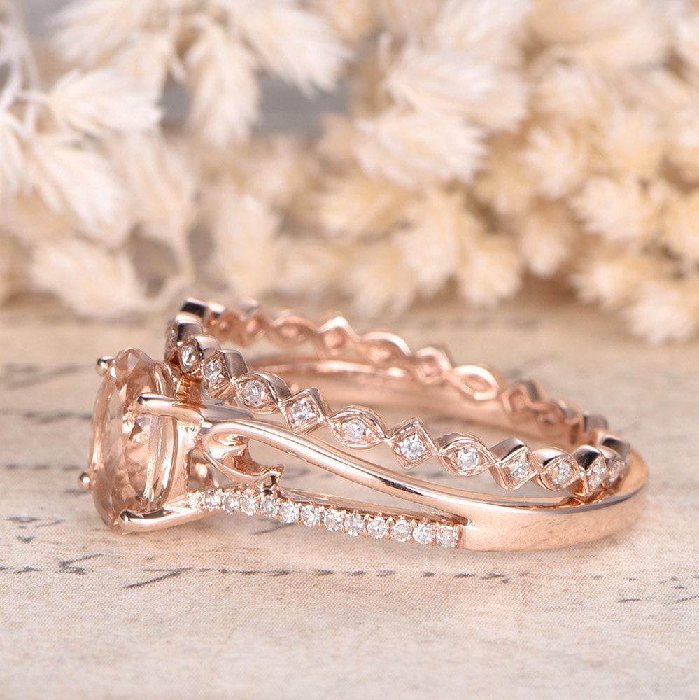 Morganite Engagement Ring Set 14K Rose Gold Diamond Wedding - Etsy