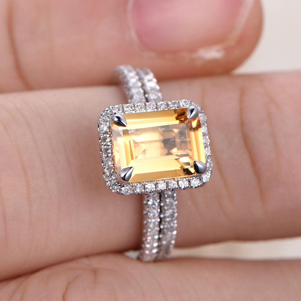 Citrine Engagement Ring Set 6x8mm Emerald Cut Citrine Ring and - Etsy