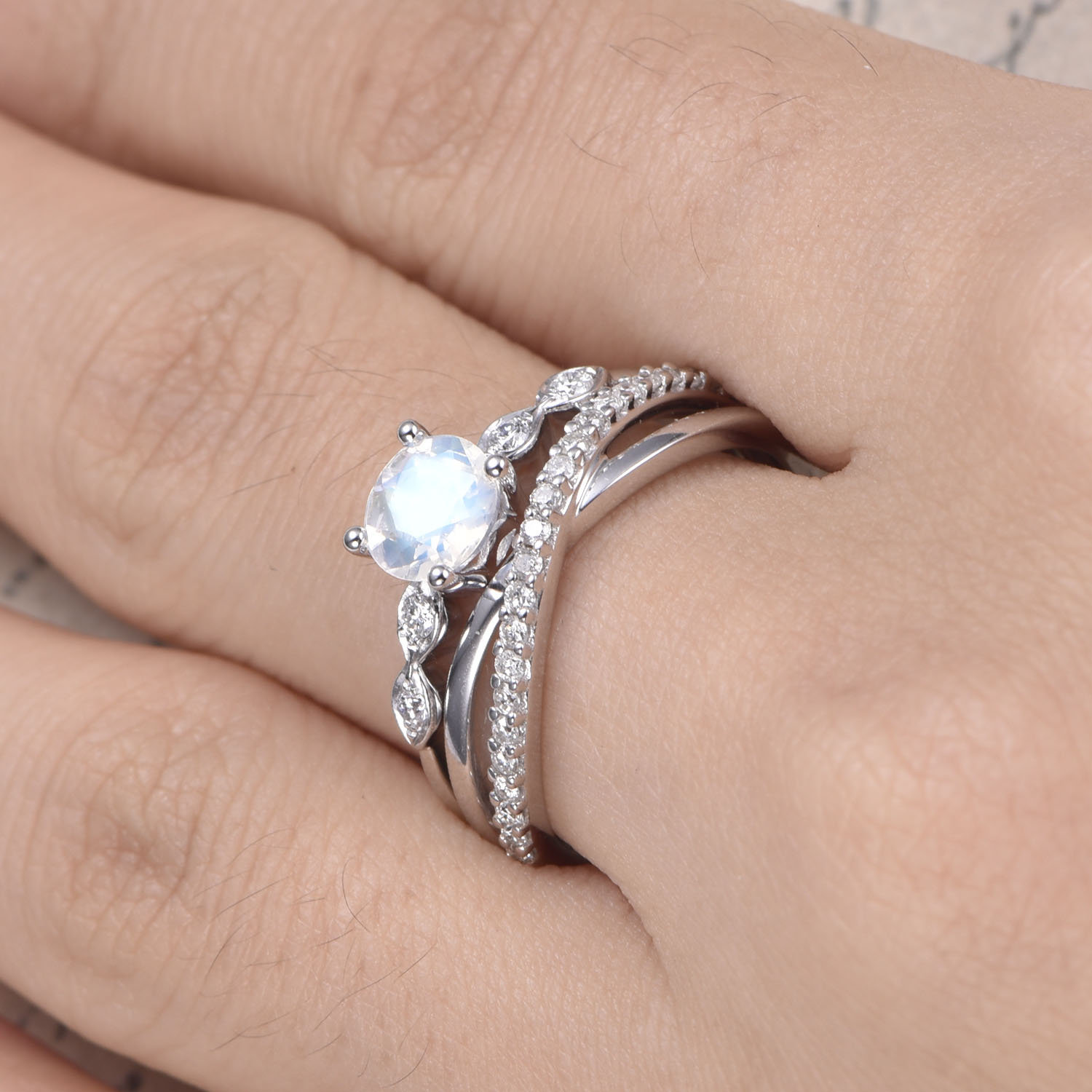 Moonstone Engagement Ring Set Art Deco Wedding Band Criss | Etsy