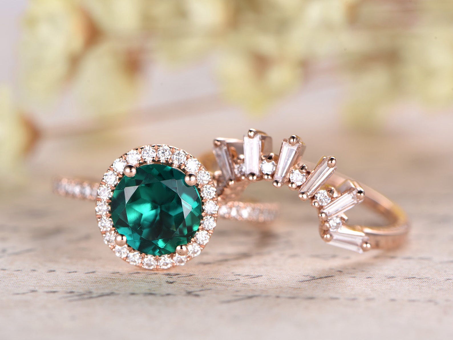 Emerald Engagement Ring Set 7mm Round Emerald Ring - Etsy