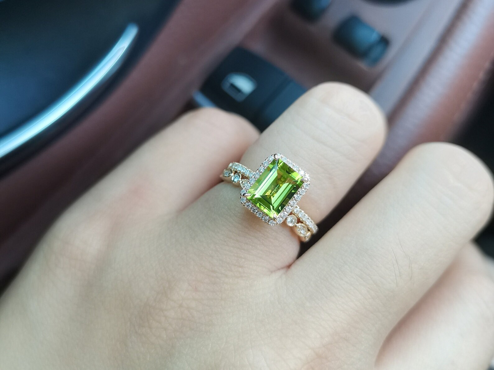 6x8mm Emerald Cut Ring Peridot Engagement Ring Set 14K Rose - Etsy