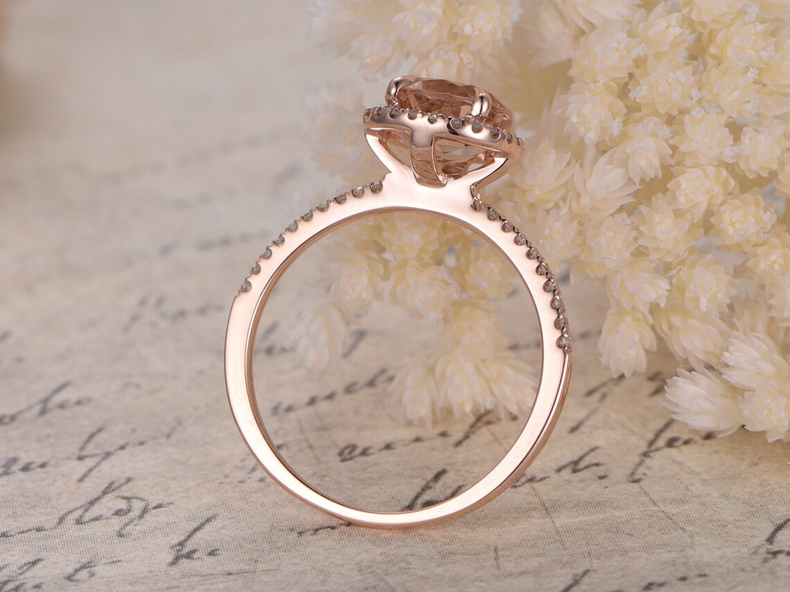 Rose Gold Morganite Engagement Ring Diamond Wedding Band Halo - Etsy
