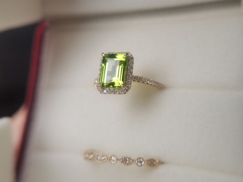 6x8mm Emerald Cut Ring Peridot Engagement Ring Set 14K Rose - Etsy