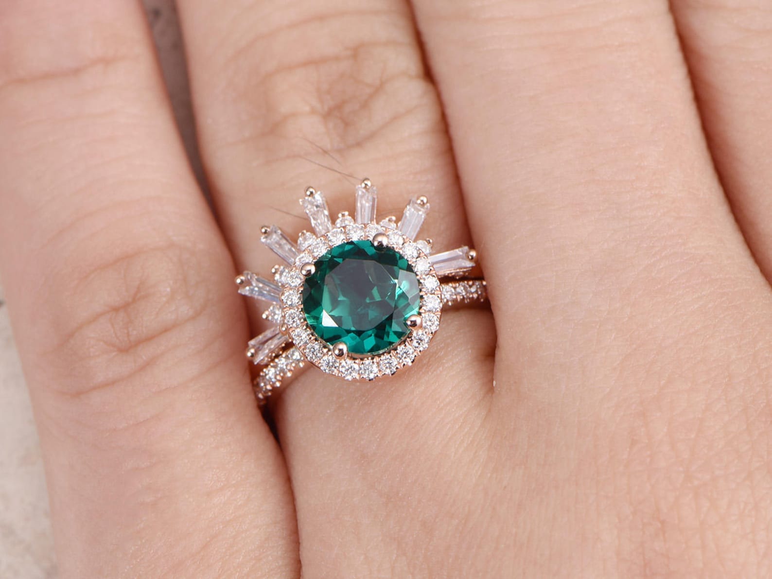 Emerald Engagement Ring Set 7mm Round Emerald Ring - Etsy