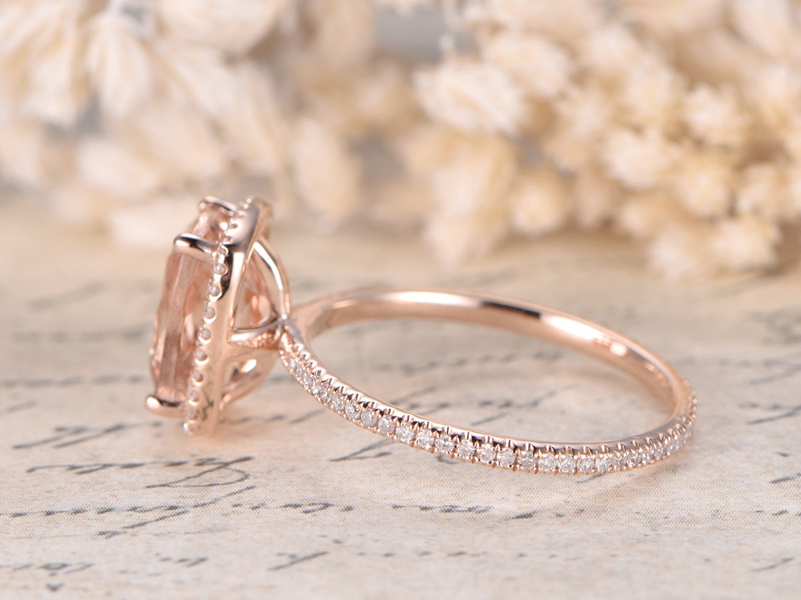 Morganite Ring Rose Gold Diamond Wedding Ring 7x9m Cushion - Etsy