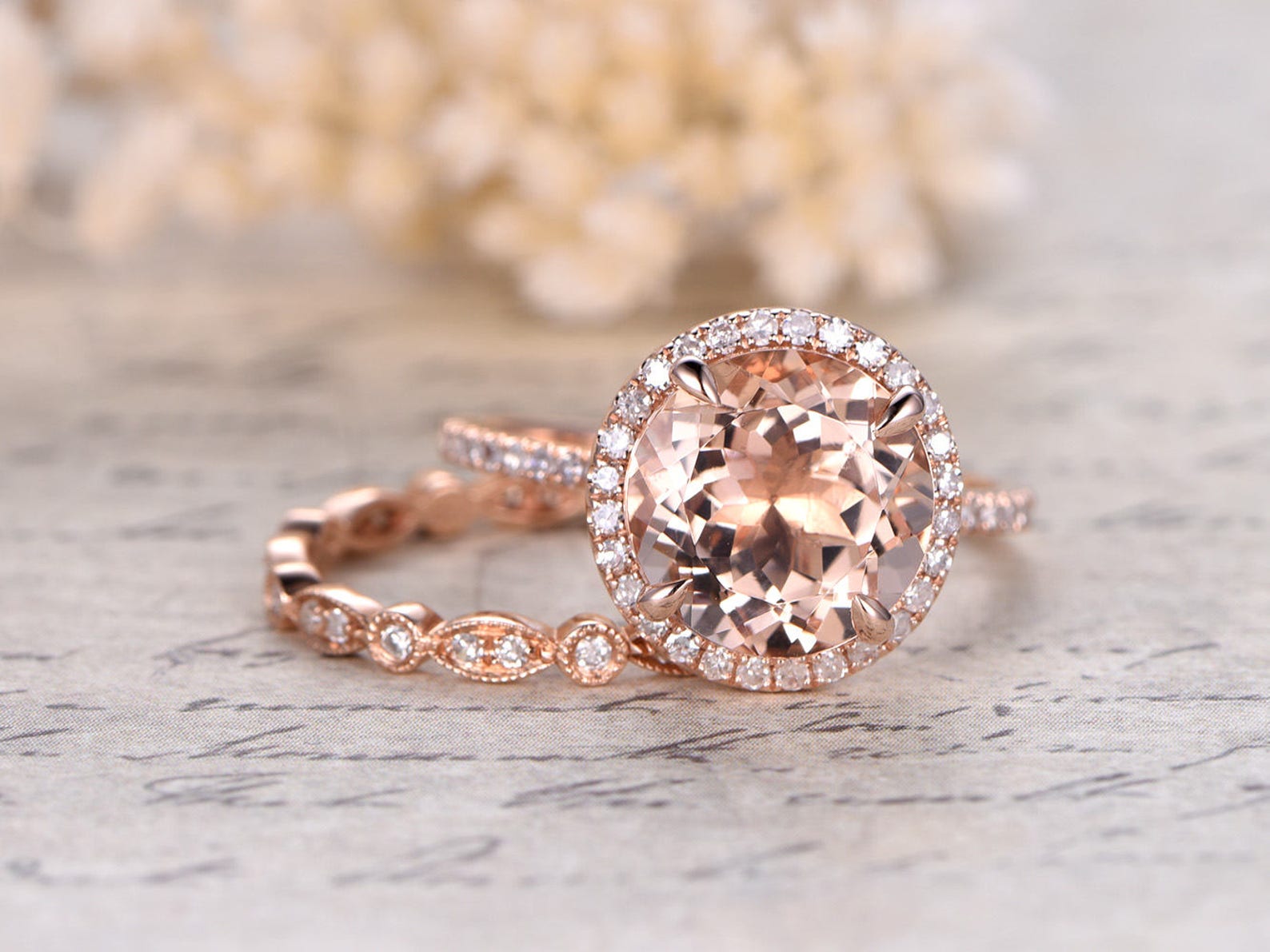 8mm Round Morganite Ring Set14k Rose Gold Morganite | Etsy