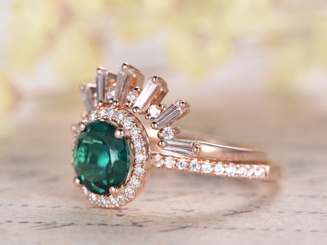 Emerald Engagement Ring Set 7mm Round Emerald Ring - Etsy