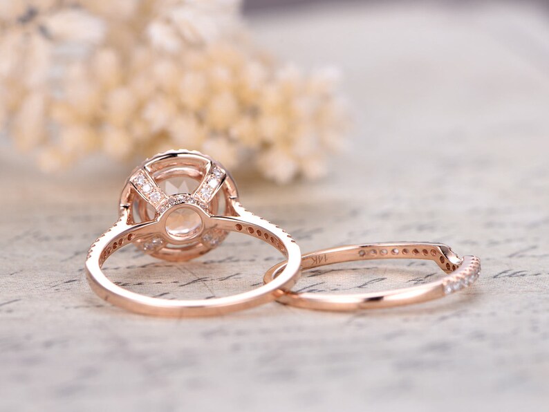 8mm Morganite Engagement Ring Rose Gold 2pcs Rings Set Curved - Etsy