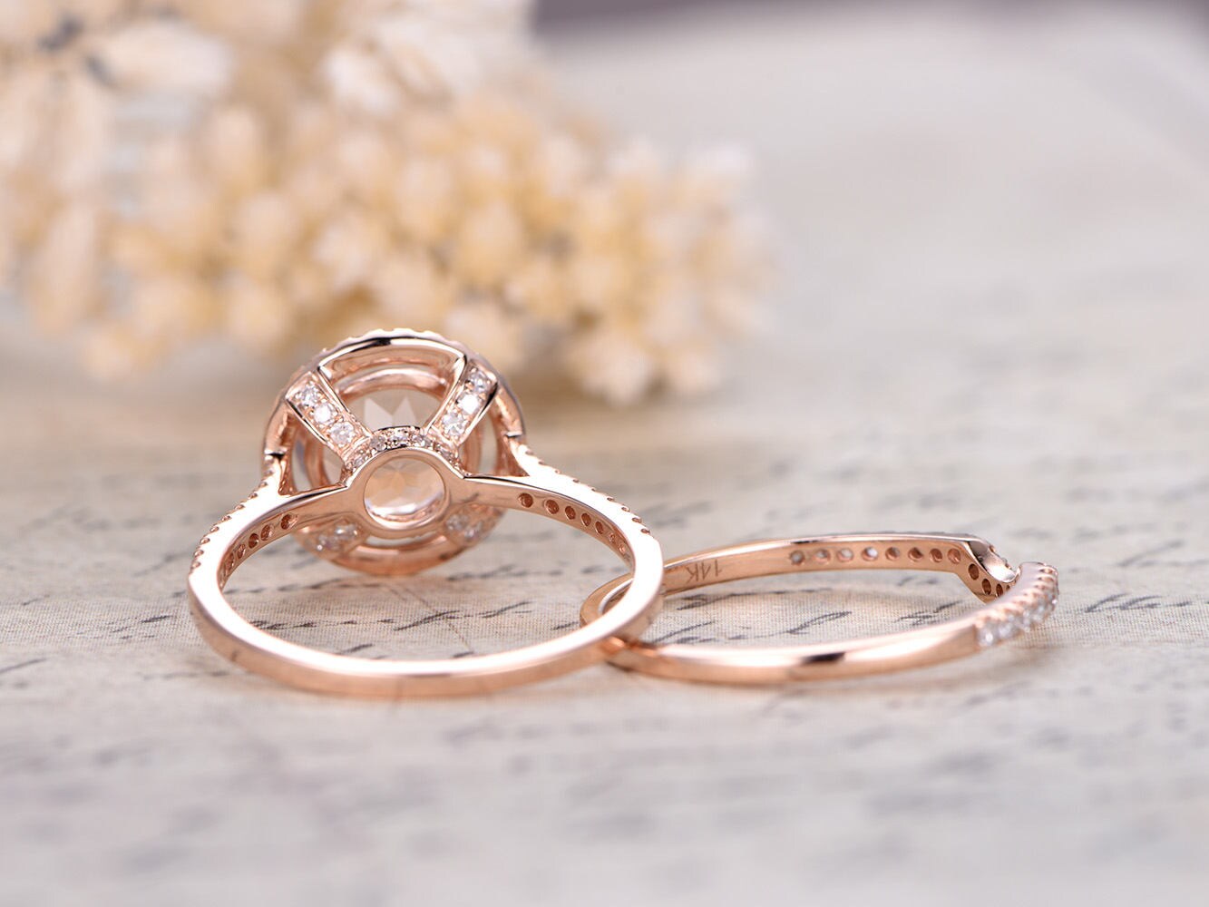 8mm Morganite Engagement Ring Rose Gold 2pcs Rings Set Curved - Etsy