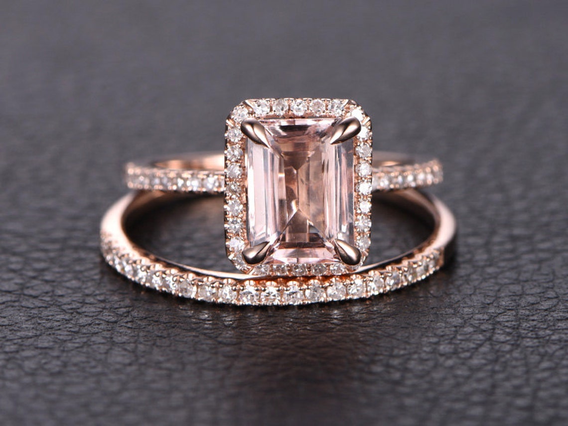 6x8mm Emerald Cut Morganite Ring Set Emerald Cut Engagement - Etsy