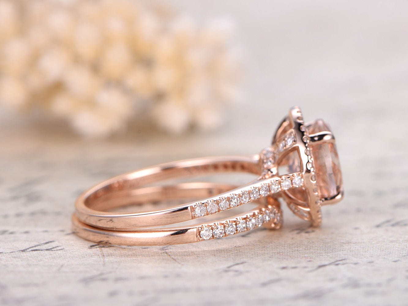 8mm Morganite Engagement Ring Rose Gold 2pcs Rings Set Curved - Etsy