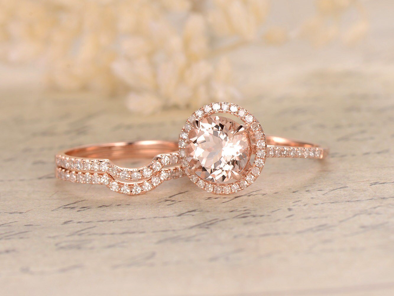 8mm Round Cut Morganite Engagement Ring Set Morganite Ring and | Etsy