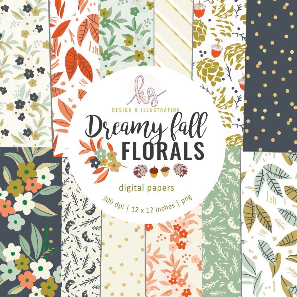 Dreamy Fall Digital Paper, Autumn Digital Paper Floral Leaves Gold ...
