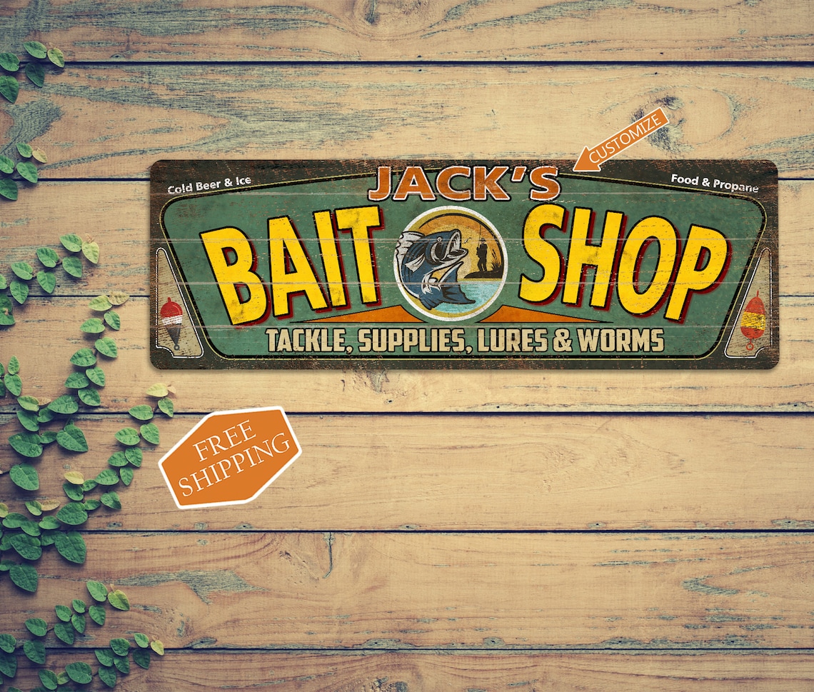 Personalized Bait Shop Sign, Fishing Decor, Vintage Looking Decor, Rod ...