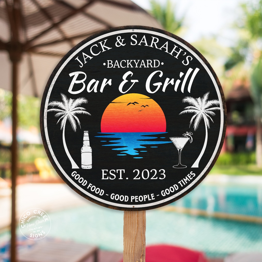 Personalized Backyard Bar & Grill Sign, Vintage Look Bar Sign, Wall ...