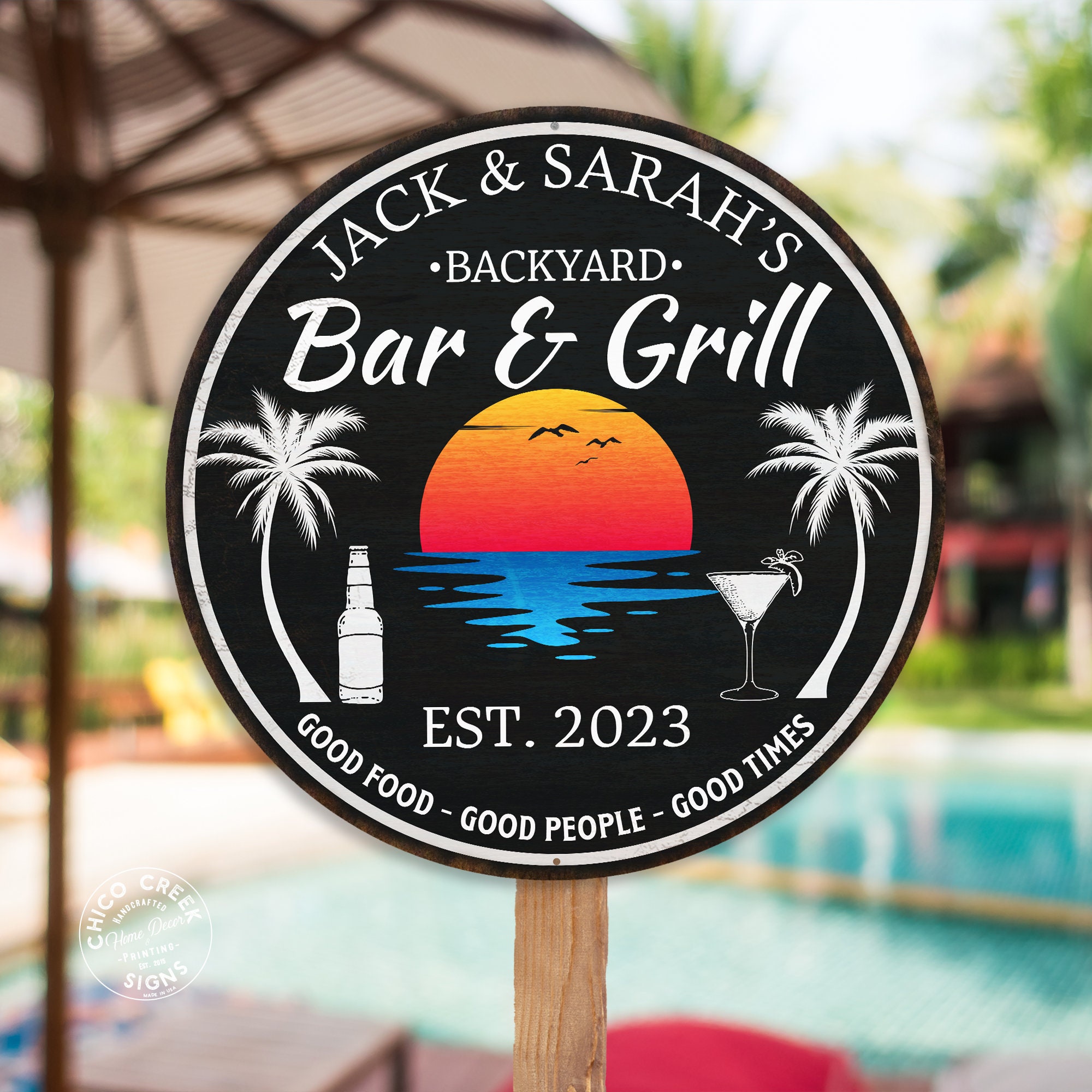 Personalized Backyard Bar & Grill Sign, Vintage Look Bar Sign, Wall ...