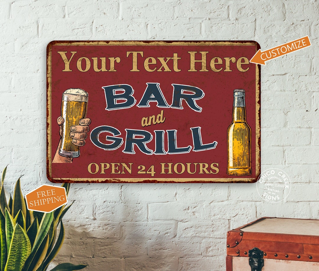 Personalized Bar and Grill Sign, Red Metal Sign, Custom Bar Sign, Home ...