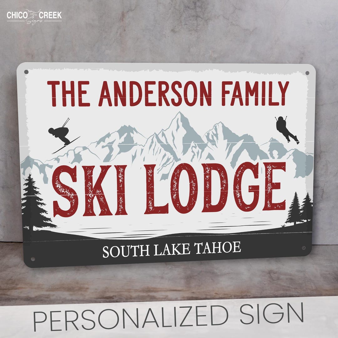 Personalized Ski Lodge Sign, Custom Cabin Decor, Rustic Ski Resort Wall ...