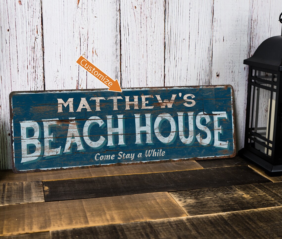 Personalized Beach House Sign, Your Name Home Sign, Blue Rustic Cabin ...