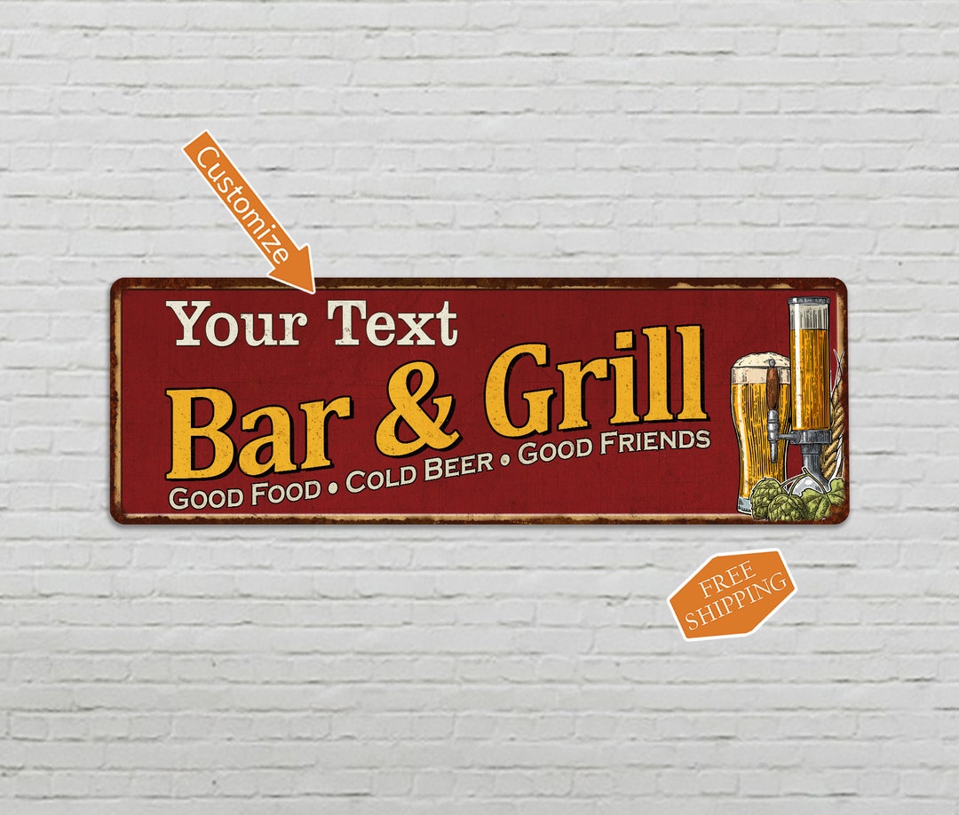 Personalized Bar and Grill Sign, Red Man Cave Decor, Beer Sign, Custom ...