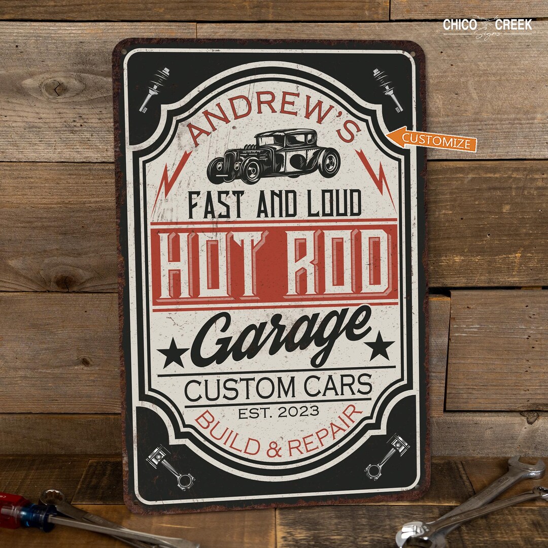Personalized Garage Sign, Hot Rod Garage, Fathers Day Gift, Workshop ...