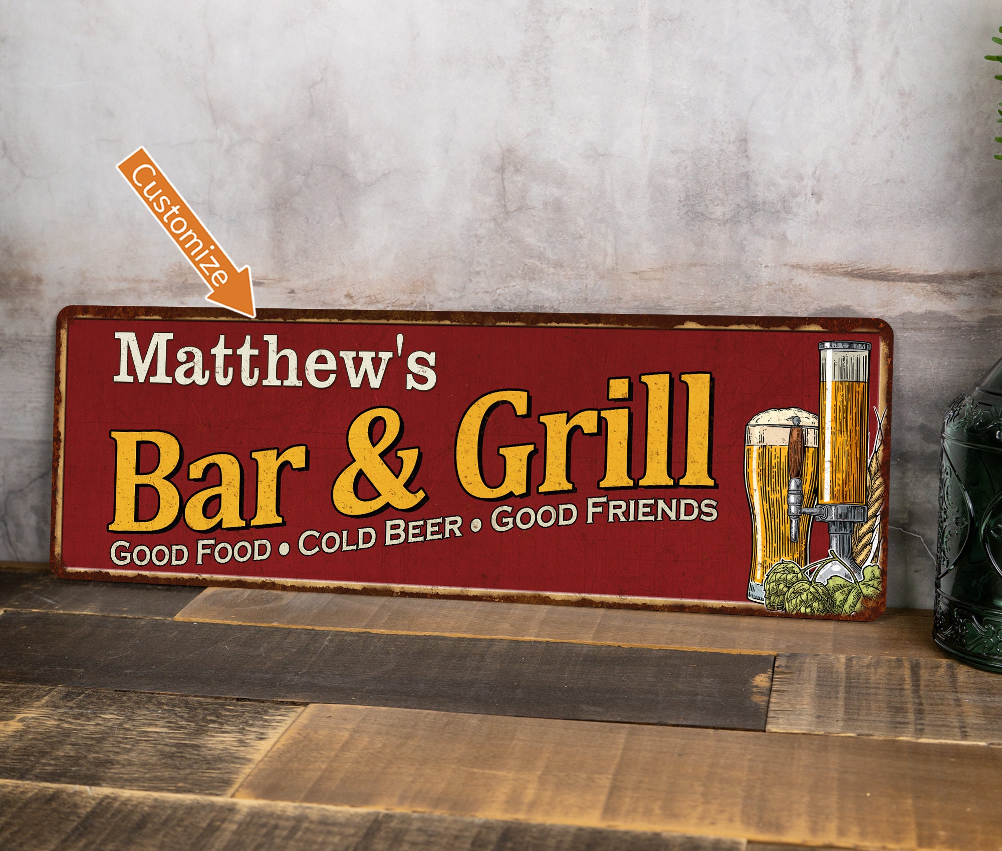 Personalized Bar and Grill Sign Red Man Cave Decor Beer - Etsy