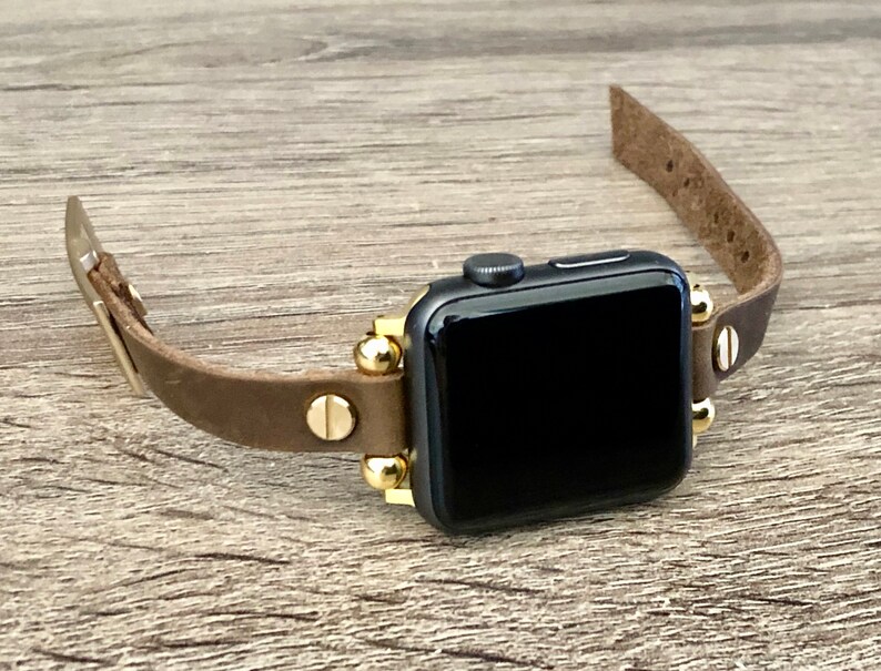Rustic Brown Leather Apple Watch Band: Slim Gold Accent Strap Bracelet ...