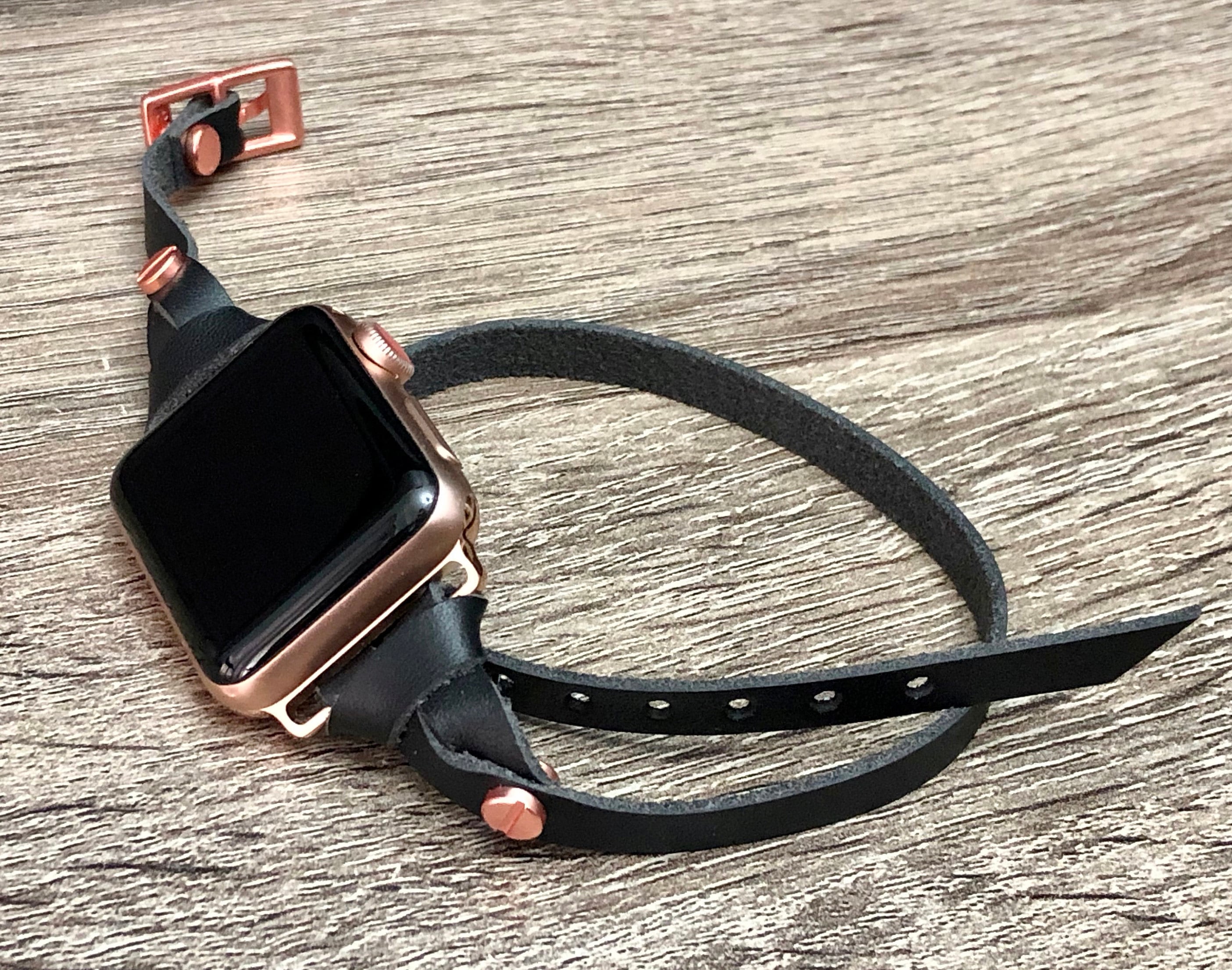Rose Gold & Black Leather Apple Watch 38mm 40mm 42mm 44mm Band Apple ...