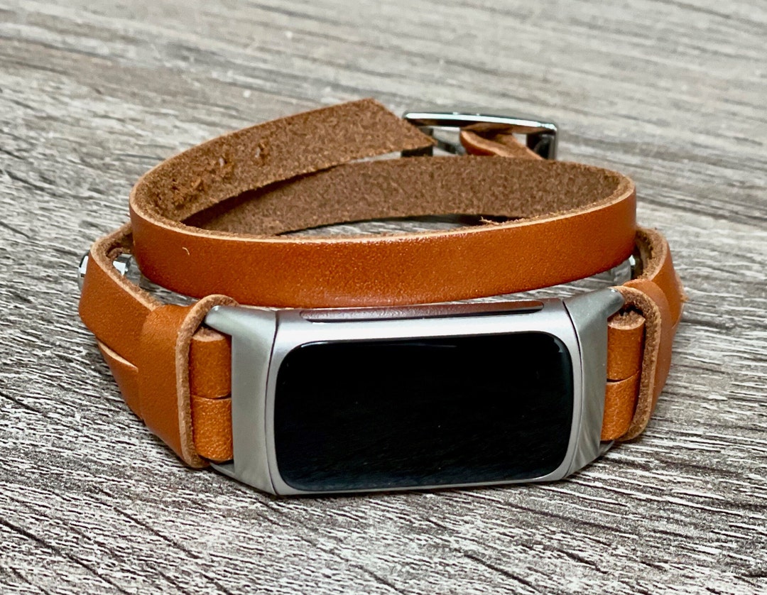 Brown Leather Fitbit Charge 6 Band: Slim Double Wrap Strap, Silver ...