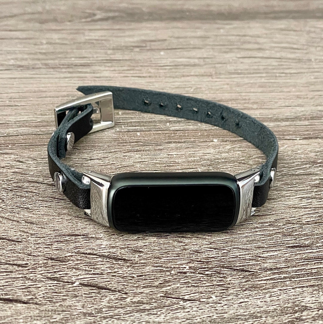 Black Leather Fitbit Luxe Band: Slim Silver Accent Strap, Women's ...