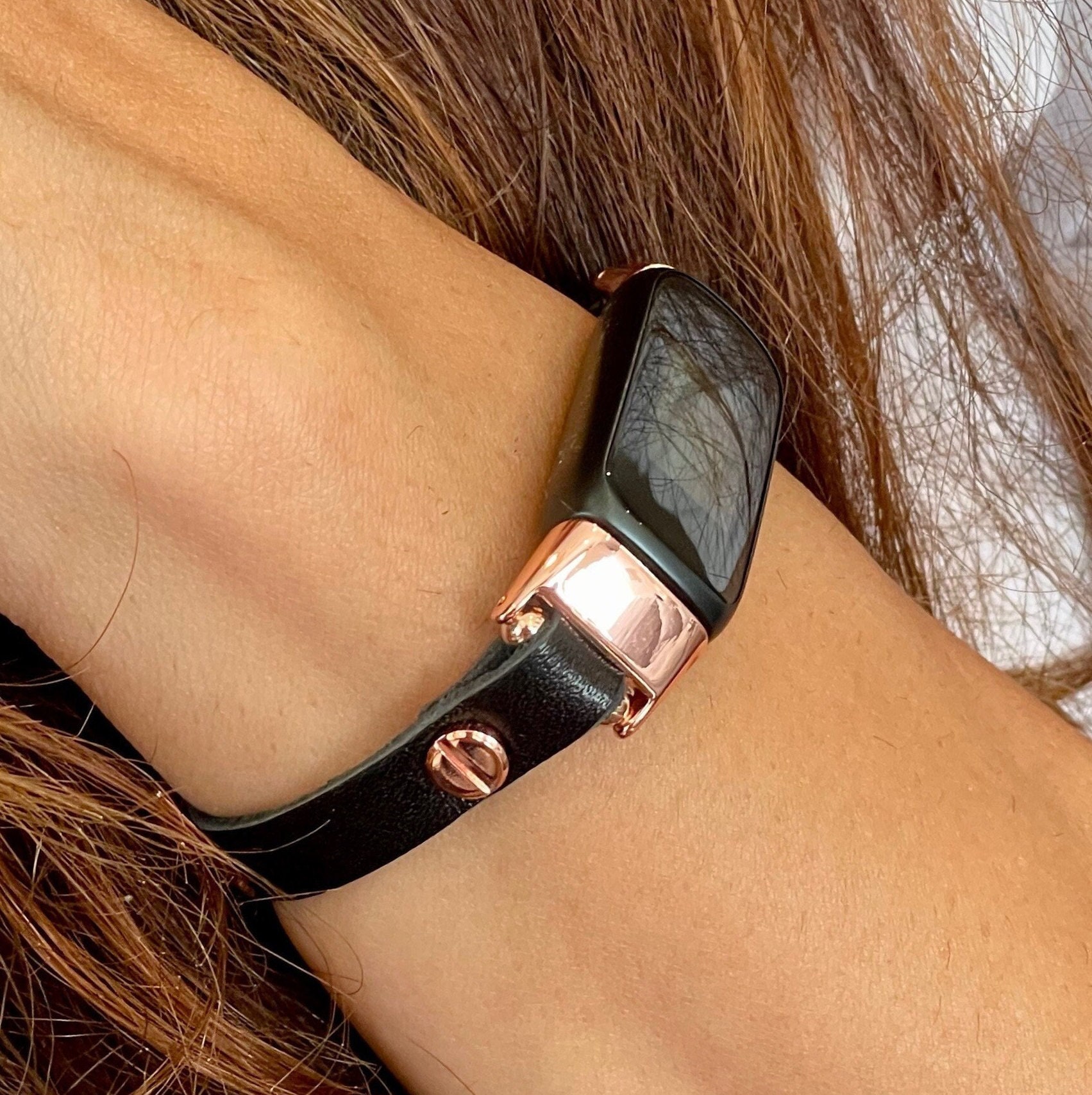 Black Leather Fitbit Luxe Band Rose Gold Bracelet Slim Fitbit Luxe Women Strap Fitbit Luxe Jewelry Fitbit Luxe Accessories