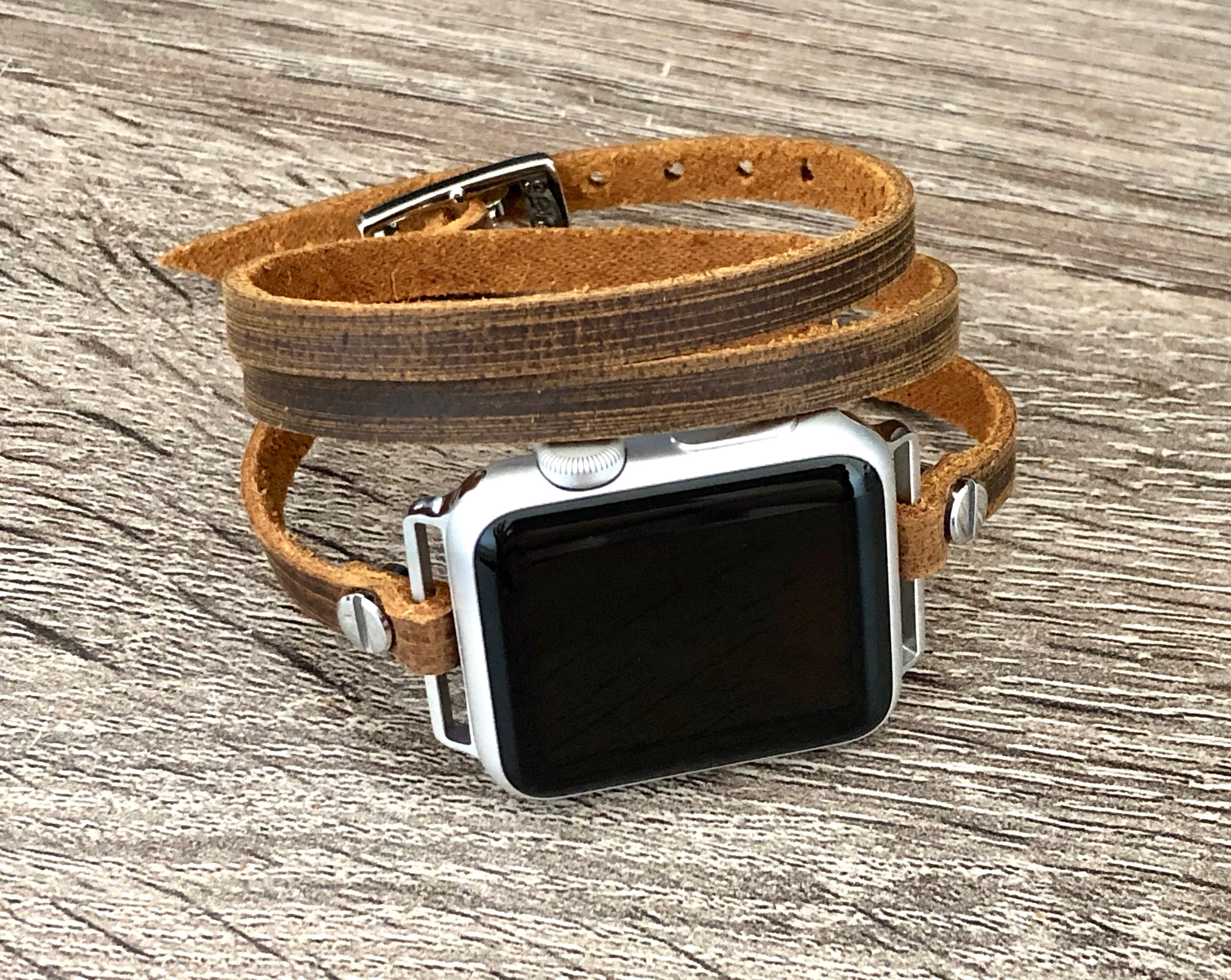Silver & Vintage Brown Leather Apple Watch Band 38mm 40mm 42mm 44mm ...