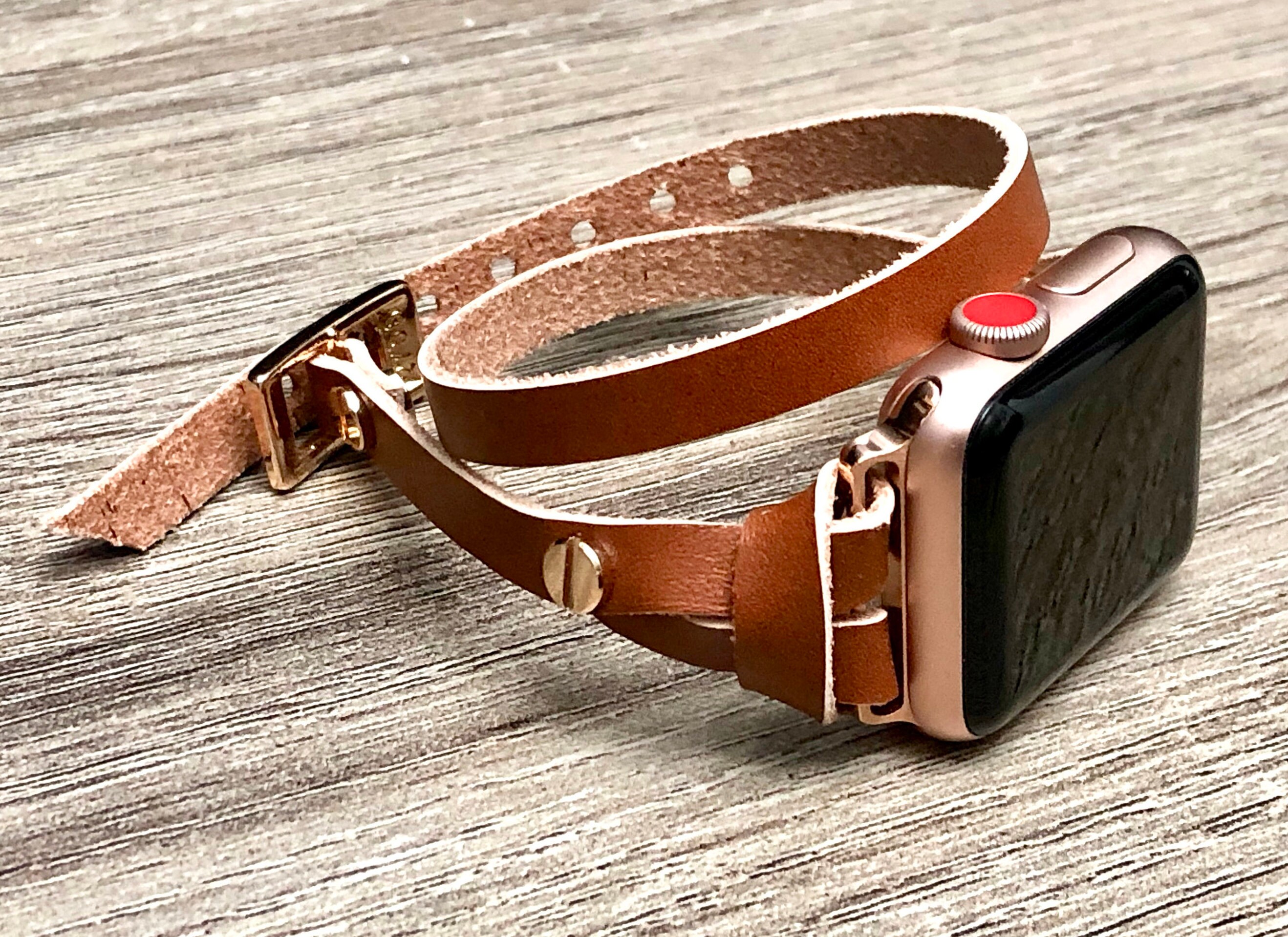 Rose Gold & Light Brown Leather Band for Apple Watch Series 9,8,7,6 SE ...
