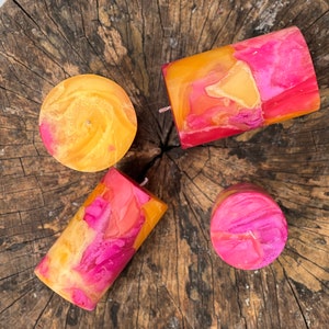 Colourful Pillar Candles, Orange, Magenta Colour, Swirl Pillar Candles ...